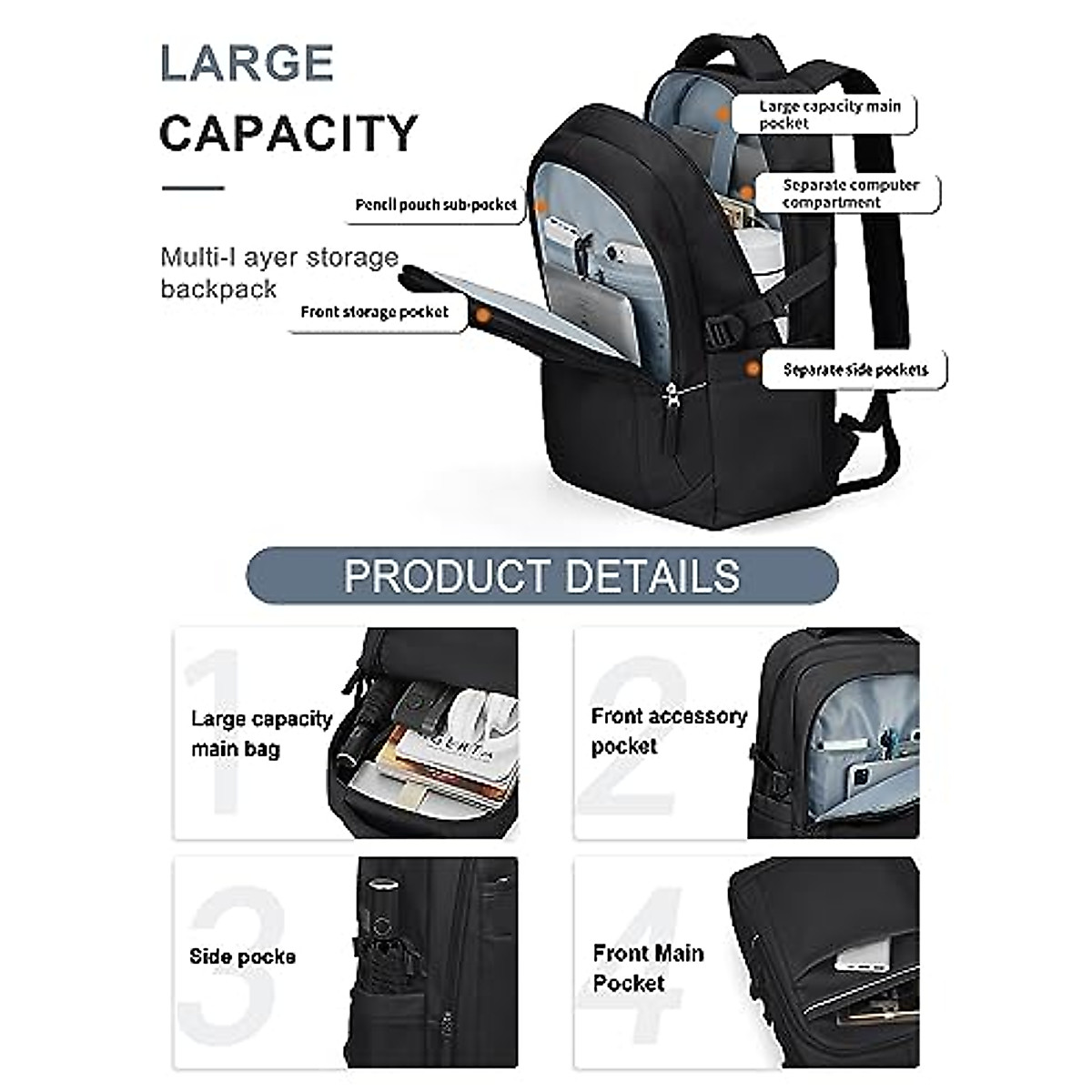 Travel Laptop Carry on Backpack for Women Men, Airline Flight Approved Waterproof 14 Inch Laptop Backpack, Casual Daypack College Personal item Bag Rucksack with USB Charging Port for Business, Black