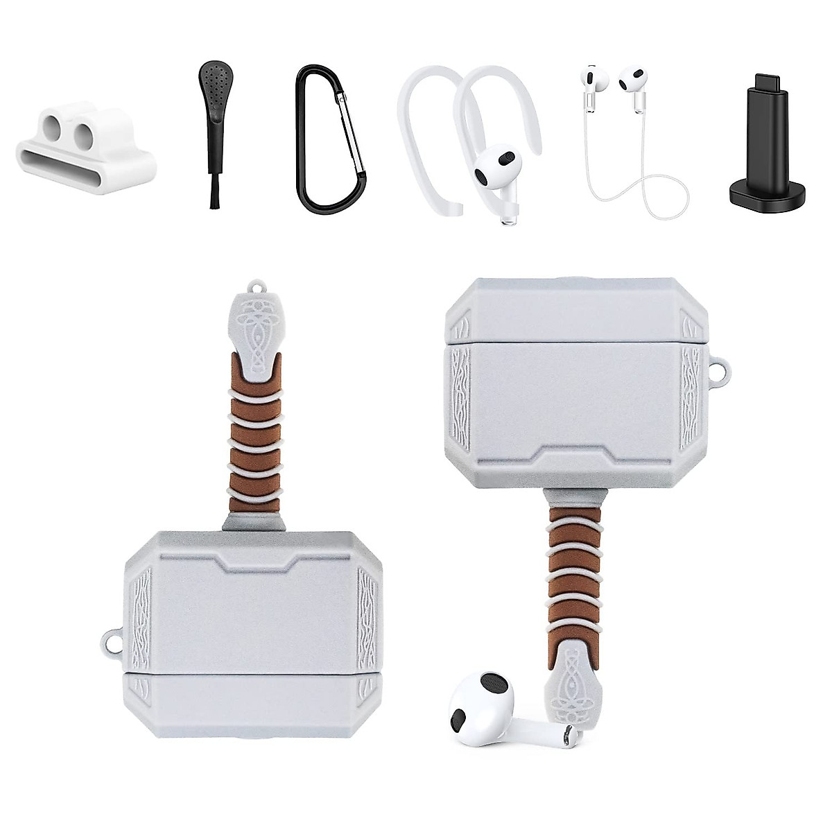 AIBEAMER 7In1 Accessories for Thor AirPods 3rd Case with Keychain, 3D Funny Anime Cartoon Silicone Cover Fashion Cool Protective Cover for Airpod 3rd Generation for Kids Boys Girls- Thor Hammer