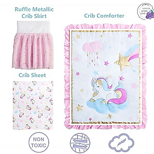 Little Grape Land, Mini Crib Bedding Sets for Girls | Mini Crib Bedding | Portable Crib Bedding Set for Girls | Luxury Pink Gold Unicorn 3 Piece Crib Set, Metallic Gold, Pink, Purple and Sky Blue