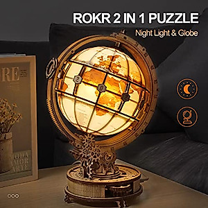 ROKR 3D Wooden Puzzles for Adults, LED Illuminated Globe with Stand, 3D Wooden Globe Model Kits with LED Light, Unique Gift for Birthday/Anniversay