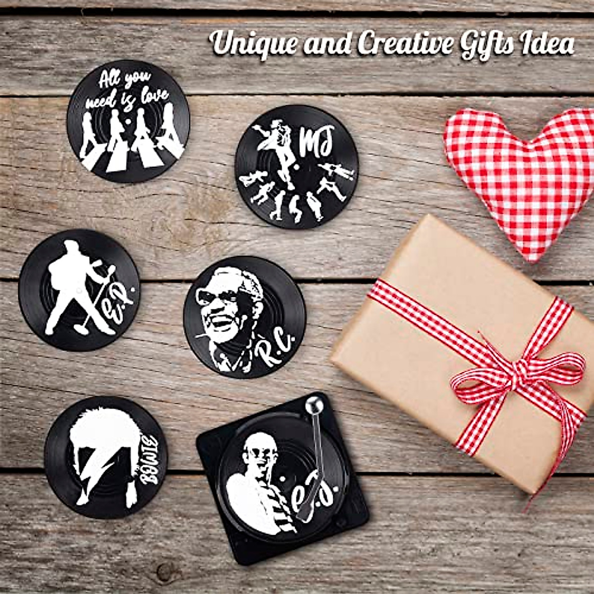 Valdivia Vinyl Record Coasters for Drinks with Record Player Holder, 6 Pcs Retro and Legendary Coasters Set, Funny Coasters for Housewarming Gifts, Music Lovers Gifts, Wedding Registry Gift Ideas