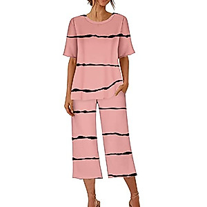 MRGIINRI Pajamas for Women 2023 Summer Trendy Short Sleeve Sleepshirt and Capri Pants Pjs Sets Loungewear with Pockets