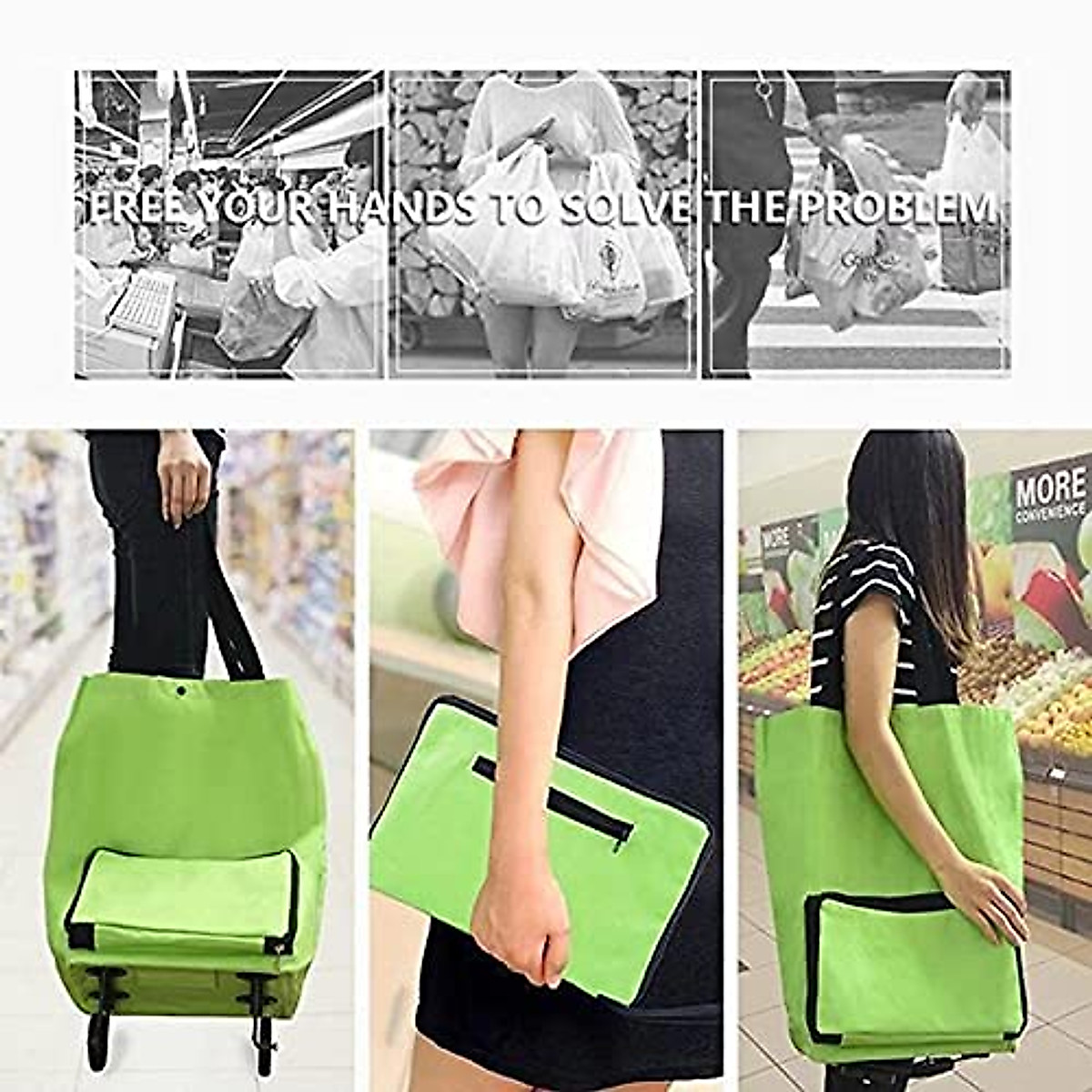 VALINK Shopping Cart with Wheels,2 in 1 Trolley Folding Hand-Pulling Shopping Bag,Portable Reusable Zipped Handbag Grocery Cart