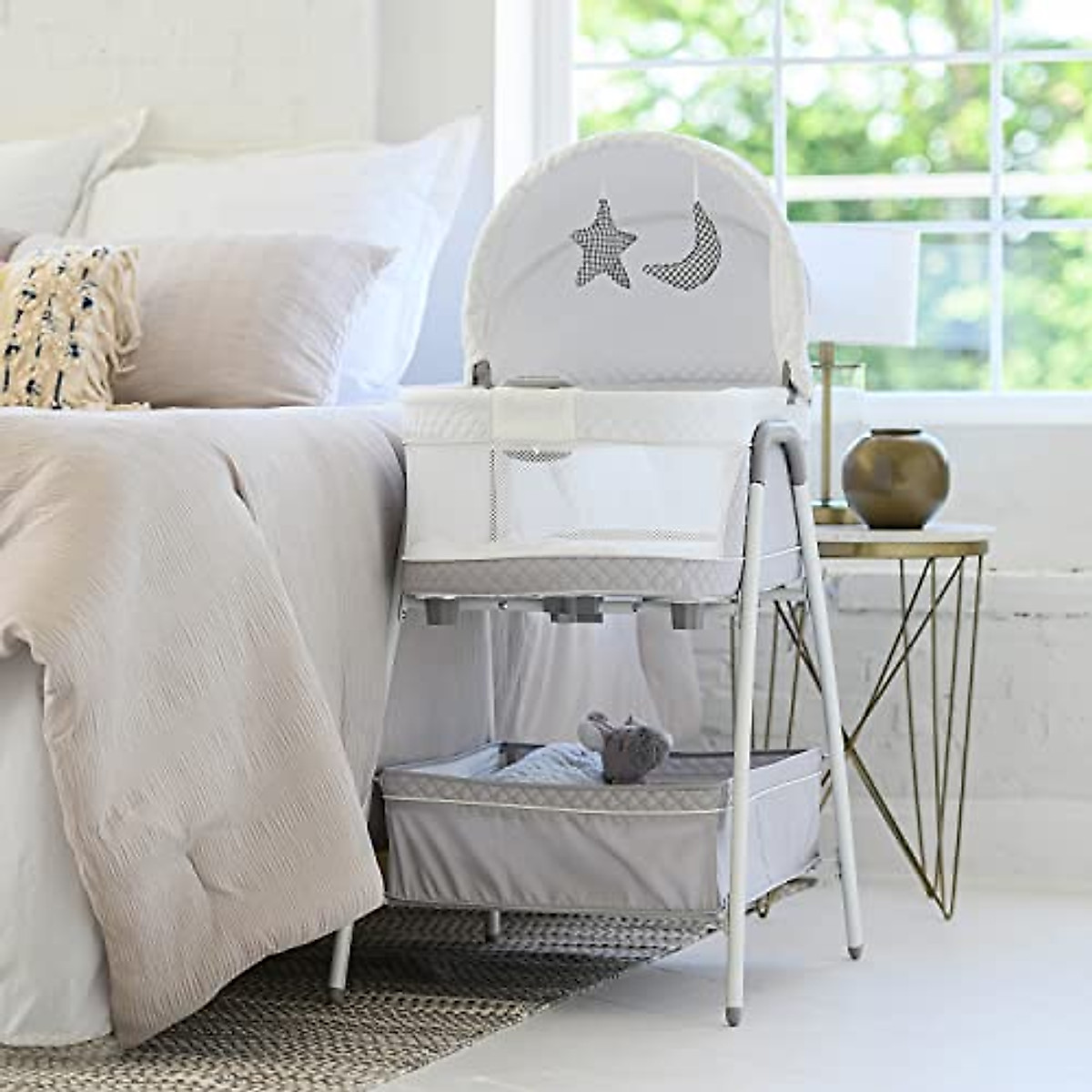 TruBliss Baby 2-in-1 Journey Convertible Infant Bassinet Crib Sleeper with Nightlight, Vibrations, Lullabies, and Nature Noises, Soft Grey