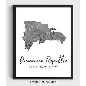 Dominican Republic Map Wall Art Print - 8x10 Silhouette Decor Print with Coordinates. Makes a Great DR-Themed Gift. Shades of Grey, Black & White.