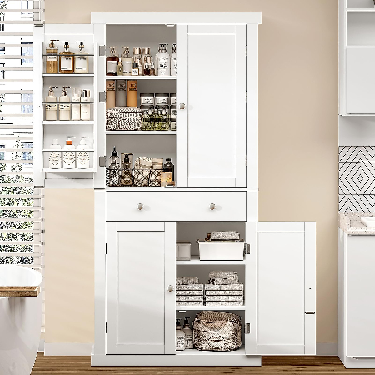 usikey 72” Kitchen Pantry Cabinet, Tall Storage Cabinet with 4 Doors and 1 Drawer, Cupboard with 6 Hanging Shelves and Adjustable Shelves for Kitchen, Dining Room, Living Room, White