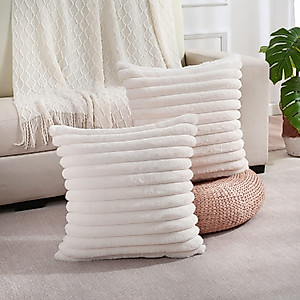 FUTEI Cream White Striped Decorative Throw Pillow Covers 18x18 Inch Set of 2,Square Spring Decorations Couch Pillow Case,Soft Cozy Faux Rabbit Fur & Velvet Back,Modern Home Decor for Bed