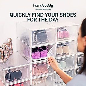 HomeBuddy Shoe Organizer for Closet - 12 Pack Shoe Boxes Clear Plastic Stackable Bins, Clear Shoe Boxes Stackable with Lids, Sneakers Storage Case, Zapateras Organizer for Shoes, Closet Shoe Organizer