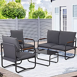 May in Color Metal Patio Furniture Set 4-Piece Wide Seating Conversation Sets Outdoor Sectional Sofa, Loveseat, Chair, Glass Coffee Table,8 Cushions, Comfortable, Easy Assemble, Dark Grey-1
