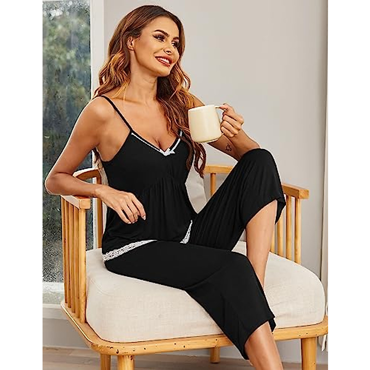 Ekouaer Womens Summer Pajamas Set Capris Pants Sexy Sleepwear Cami Nightwear Pj Set Black XXL