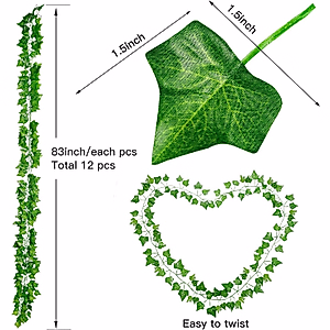 ZUGJAM 83 Ft (12pcs) Artificial Greenery Fake Ivy Leaves Hanging Vine Plant Garland for Garden Wedding Party Home Wall Decoration
