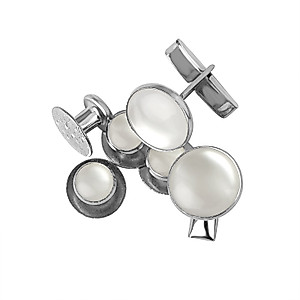 ButtonMode Tuxedo Shirt Studs and Cufflinks, White with Silver Color Trim, 6 Piece Complete Set (4 Studs for Front, 2 Cufflinks for Sleeves) with 2 Backup Cufflinks, Stainless Steel and Enamel, 1-Set