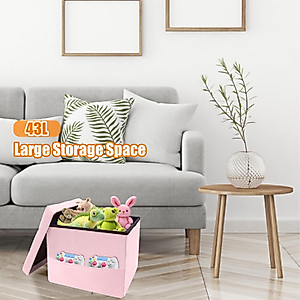 Storage Ottoman Foot Stool, 17 inches Folding Ottoman with Storage, Velvet Storage Bench with Side Pocket, Foot Rest for Living Room, Bedroom, Pink