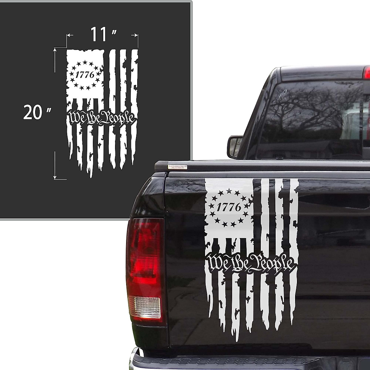 Greenyef Graphics We The People Betsy Ross Flag 1776 Distressed American USA US Flag Truck Tailgate Vinyl Decal Preamble of The US Constitution fits Most Pickup Trucks (11''x20'', White)