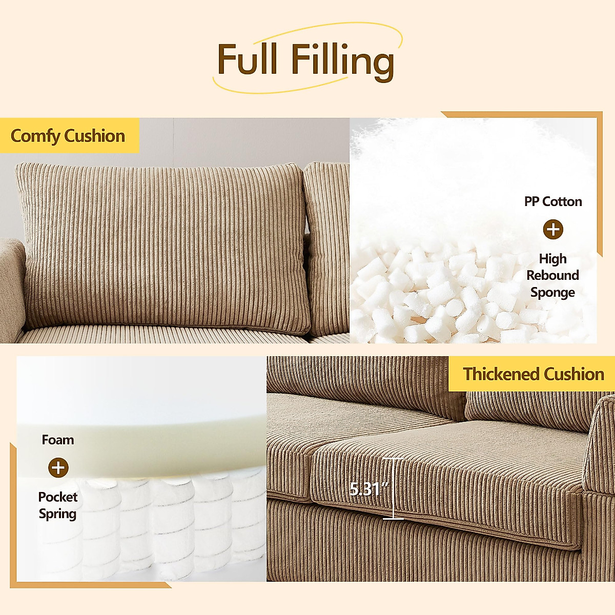 96" L Shaped Sectional Sofa Couches for Living Room,Corduroy Modern Modular Sofa Couch with Reversible Chaise,Comfy 3 Seater Convertible Reversible Sofa for Home Office Apartment Bedroom (Camel)