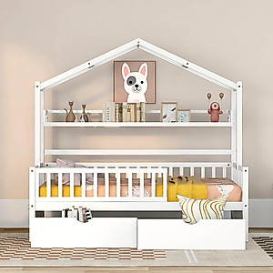 Bellemave Wooden Twin Size House Bed with 2 Drawers,Kids Twin Playhouse Platform Bed Frame with Storage Shelves,Montessori Bed for Kids Teens Girls & Boys (White)