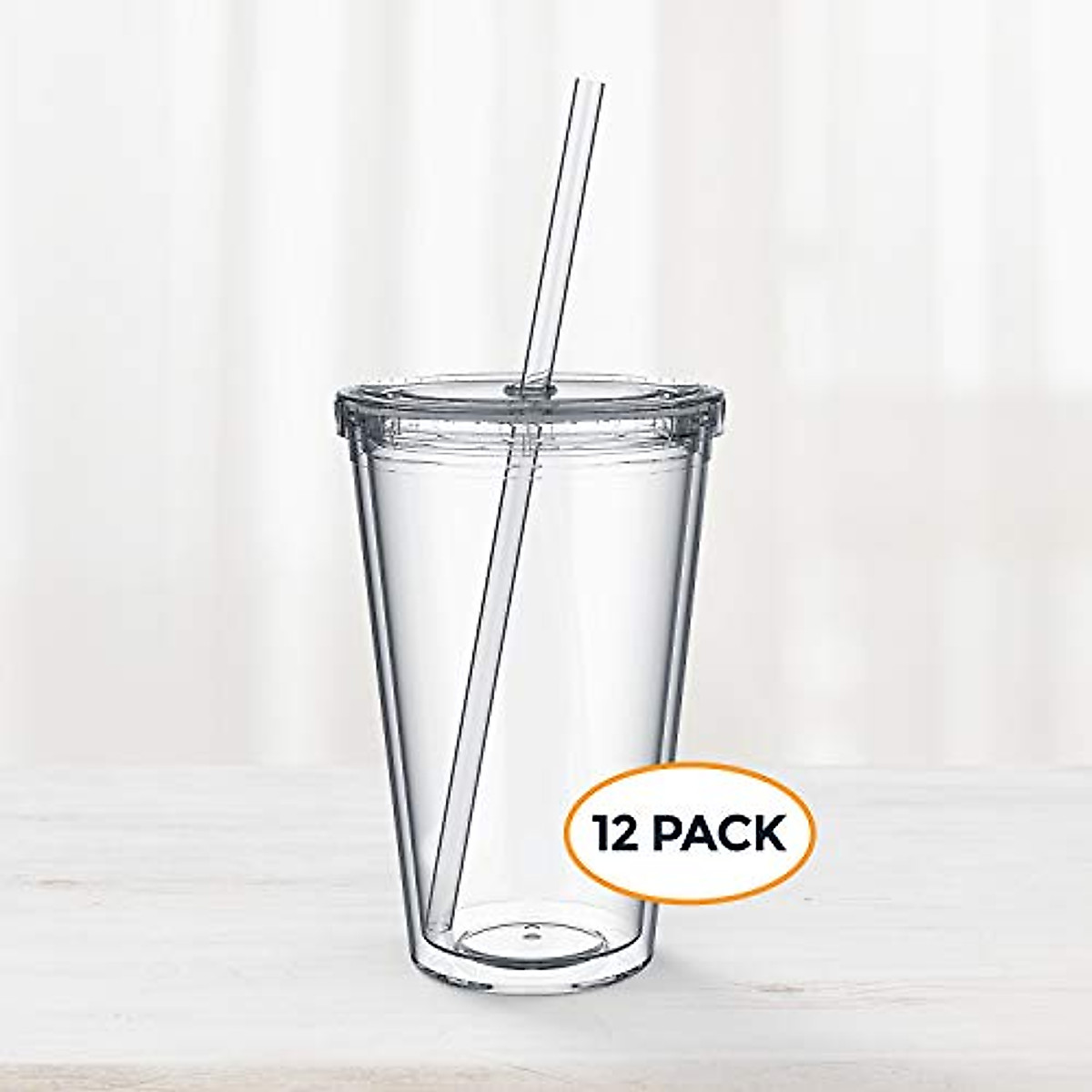 Maars Drinkware Bulk Double Wall Insulated Acrylic Tumblers with Straw and Lid (Set of 12), 16 oz, Clear