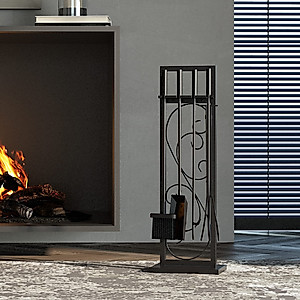 Fire Beauty 5 Piece Black Steel Fireplace Tool Set Fireplace Tool Furnace Accessory Kit with Brush, Poker, Spatula and Pliers