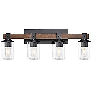 Farmhouse Rustic Bathroom Lighting Fixtures Over Mirror, Vintage Wood Vanity Lighting with Clear Glass, 4-Light Modern Industrial Wall Lamp for Bedroom,Living Room,Hallway