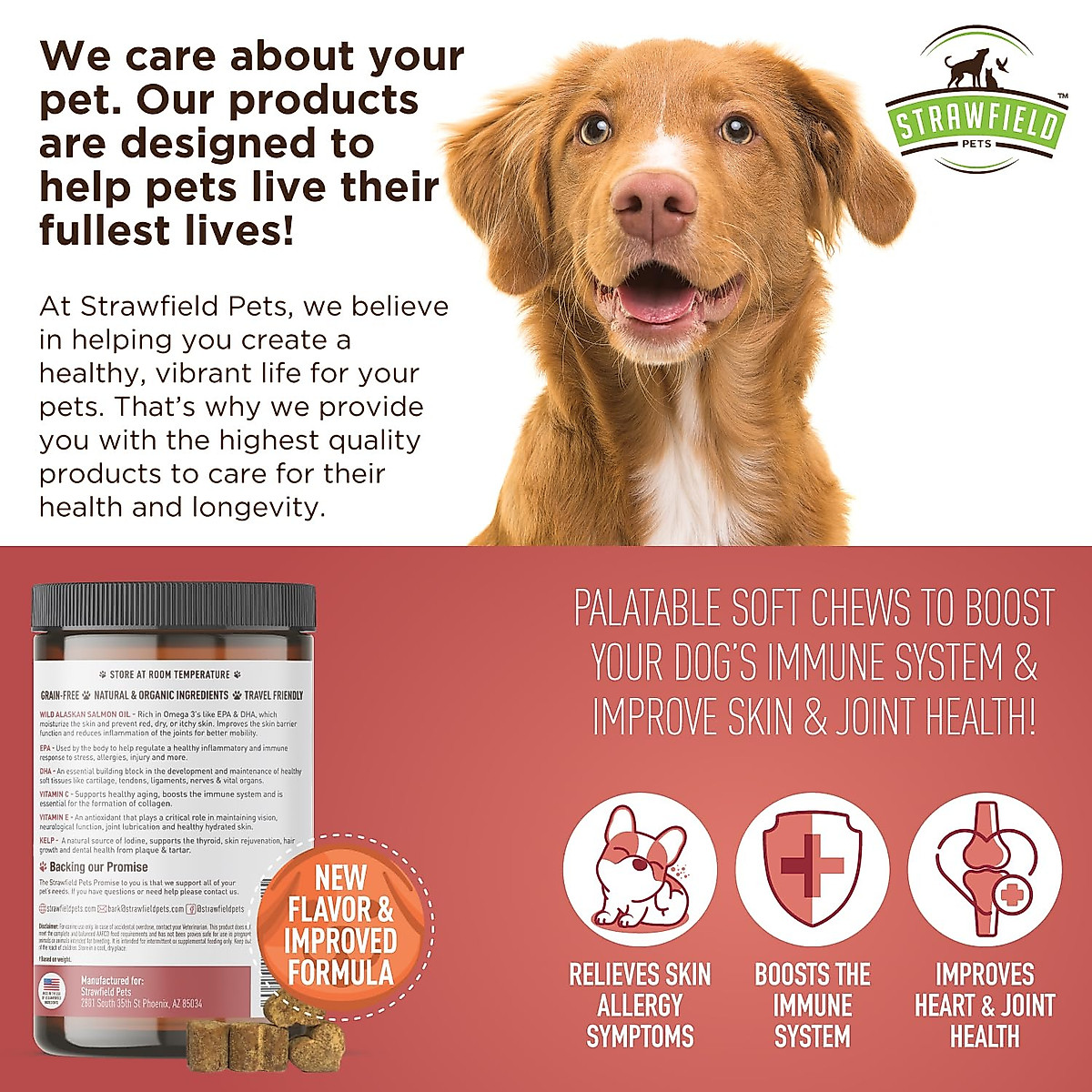 Strawfield Pets Salmon Dog Chews Omega 3 Fish Oil Chews with Wild Alaskan Salmon Oil Skin & Coat + Seasonal Allergy Support Hip & Joint Dog Supplement + EPA & DHA Made in USA