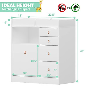 DAWNSPACES Baby Changing Table Dresser with 5 Drawers & Shelf, 2 in 1 Nursery Dresser Chest for Infants w/Changing Station, 33.5" Storage Changing Station Dresser, White