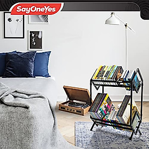 SAYONEYES Vinyl Record Storage – Mate Black Vinyl Record Holder 160 to 200 LP Capacity - Durable Metal Two Tier Record Holder for Albums, Books, Magazine and Office Files