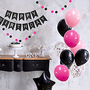 ANSOMO Pink and Black Happy Birthday Party Decorations for Girls Women Banner Hot Pink Balloons Pom Poms Swirls Décor Supplies 13th 16th 18th 20th 30th 40th 50th 60th 70th 80th