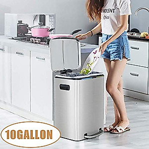 BLKMTY Trash Can 10 Gallon Kitchen Trash Can Dual Trash Can Pedal Recycle Trash Bin with Lid Inner Bucket Stainless Steel Garbage Can Rubbish Bin for Home Office Garbage Container 45L Trash Bin