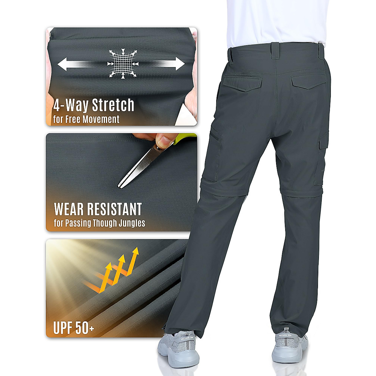 Outdoor Ventures Mens Hiking Pants Lightweight Quick Dry Convertible Pants, Stretch Zip-Off Cargo Pants for Travel Fishing Gery