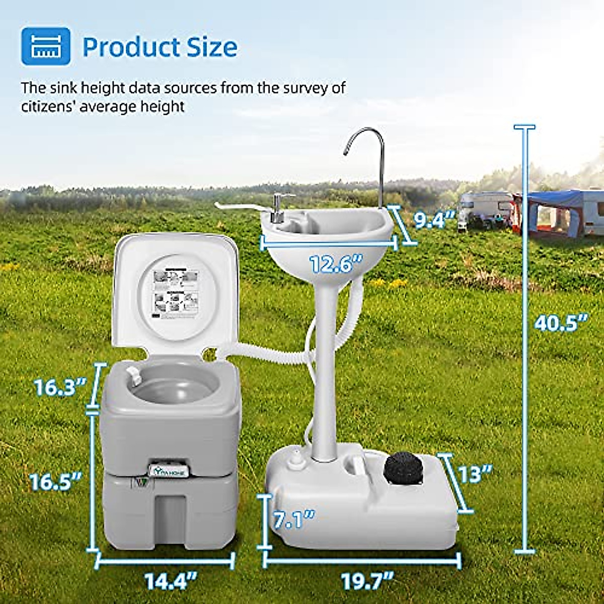 YITAHOME Portable Sink and Toilet, 17 L Hand Washing Station & 5.3 Gallon Flush Potty,for Outdoor,Camping, RV, Boat, Camper, Travel,Grey white