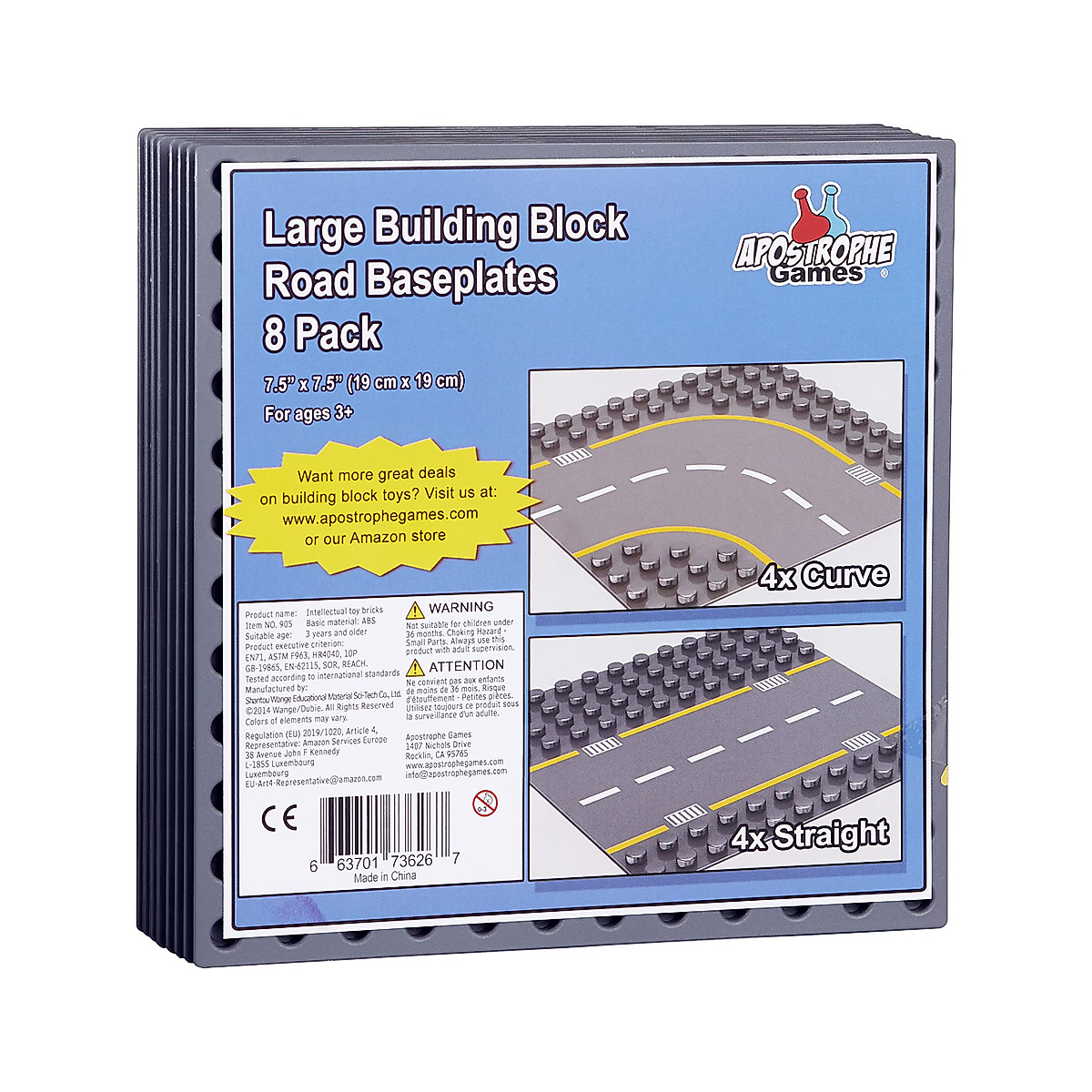 Apostrophe Games Large Building Blocks Road Base Plates Compatible with Large Building Blocks – 8Pcs Straight and Curved Road Construction Blocks – 7.5 x 7.5 Inch Street Baseplates, STEM Learning