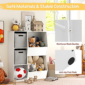 HONEY JOY 5 Cubbies Kids Toy Storage Organizer, Children Bookcase and Bookshelf w/2 Storage Boxes, Wooden Muti-Bins Toy Storage Display Cabinet for Playroom, Nursery, Daycare, Kindergarten