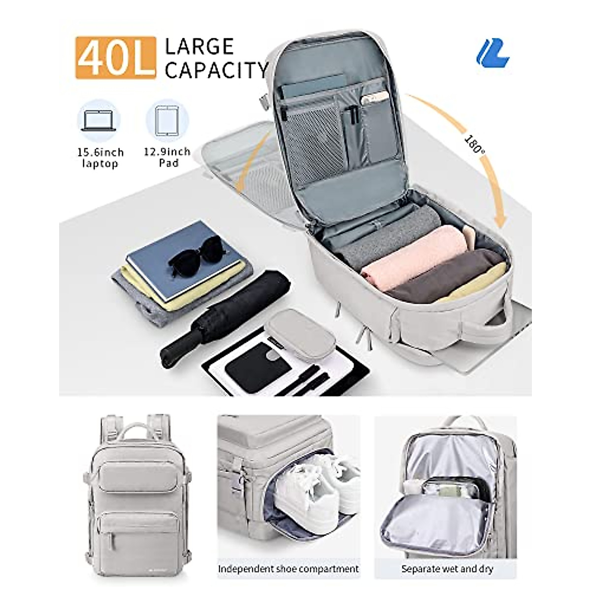 LIVACASA Waterproof Travel Backpack for Women, 40L Airline Approved Carry on Laptop Backpack with Compartment and USB Port