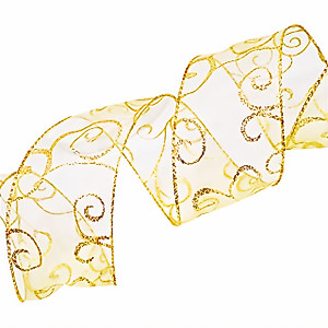 Morex Ribbon 7416.60/50-634 Swirl 2.5" X 50 YD Nylon Sheer Curling Wired Glitter Ribbon, Gold, Holiday Ribbons for Crafts and Christmas Decorations, Indoor Christmas Ribbon for Gift Wrapping