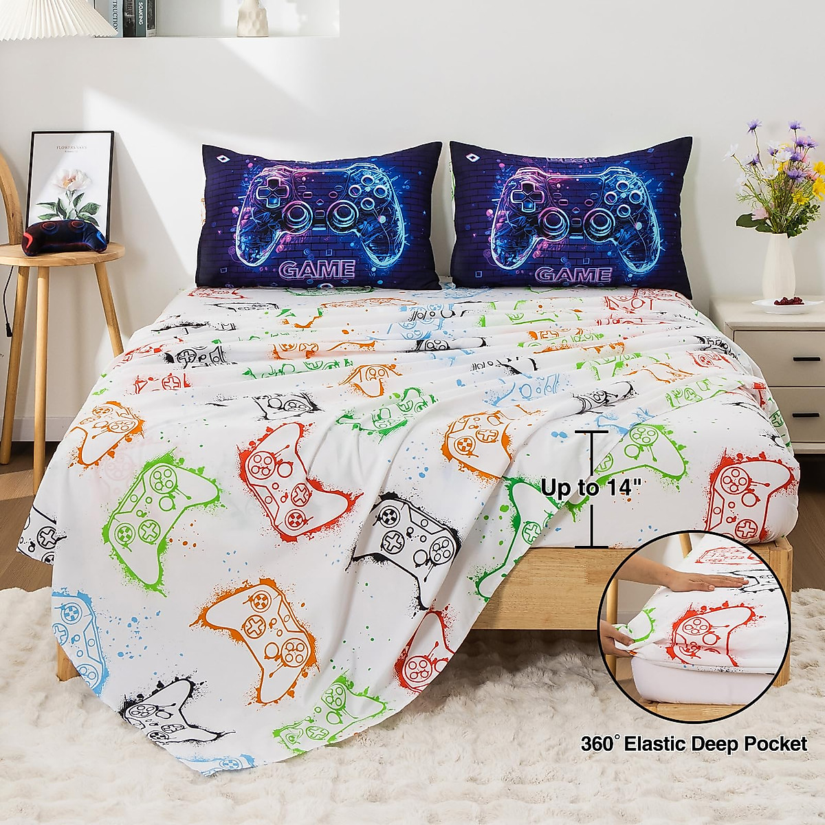 A Nice Night 5Pcs Gaming Comforter Set,Blue Purple 3D Game Contoller Themed Printing Bedding Sets for Kids Teen Boys, Reversible Comforter for All Seasons,Twin