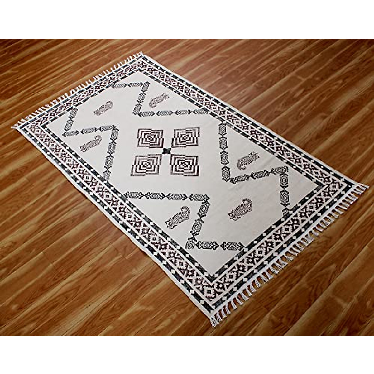 Casavani Hand Block Printed Rug Geometric Brown & Black Tassel Rug Easy Care Washable Rugs for Doormat Entryway Living Room Bedroom Hallway Balcony 9x15 Feet