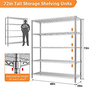 Storage Shelves Heavy Duty, 48" L x 20" W x 72" H Garage Wire Shelving Unit Loads 2000LBS, 5-tier Adjustable Metal Industrial Utility Shelf Rack for Kitchen, Laundry Room, Pantry, Warehouse, Basement