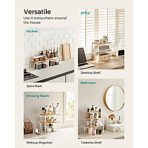 SONGMICS Cabinet Organizer Shelf, Set of 2 Kitchen Counter Shelves, Kitchen Storage, Spice Rack, Stackable, Expandable, Metal and Engineered Wood, Cloud White and Natural Beige UKCS02NW