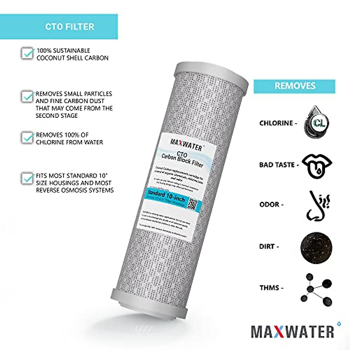Max Water CTO 1 Micron,10" x 2.5" Replacement Filter Cartridge, Coconut Shell Carbon Block for Whole House Water Filtration System and Standard RO (Reverse Osmosis) Filters - Pack of 5