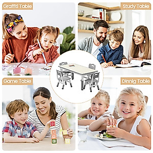 Kids Table and 4 Chairs Set, Height Adjustable Toddler Table and Chair Set for Ages 2-10, Graffiti Desktop, Non-Slip Legs, Children Table and Chair Set for Daycare Classroom Home, Grey