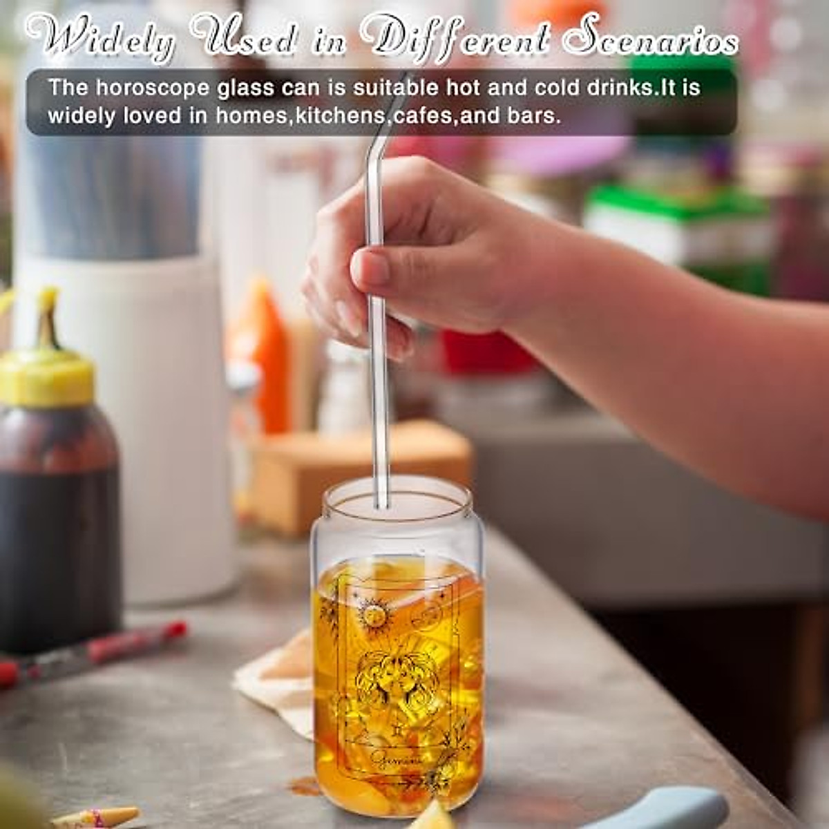 Uiifan 16 oz Zodiac Iced Coffee Glasses Beer Can Shaped Drinking Glasses Glass Cups with Lids and Straws Cleaning Brush Cute Drinking Jars Zodiac Gifts for Women Men Tea Soda (Gemini Style)