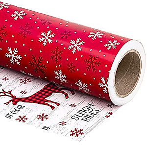 WRAPAHOLIC Jumbo Reversible Christmas Wrapping Paper - 30 Inch X 100 Feet Jumbo Roll Red White Snowflakes and Reindeer Design