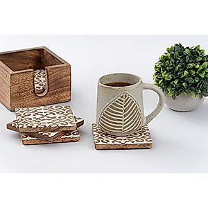 FIGTREE - Set of 6 Wooden Coasters for Drinks Absorbent with Holder, Coasters for Coffee Table Protection, Coffee Table Decor, Perfect House Warming Gift, Swirl