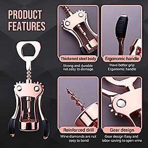 Drincarier Wine Opener, Zinc Alloy Premium Wing Corkscrew Wine Bottle Opener with Multifunctional Bottles Opener, Upgrade (Rose Gold Opener With Foil Cutter)……
