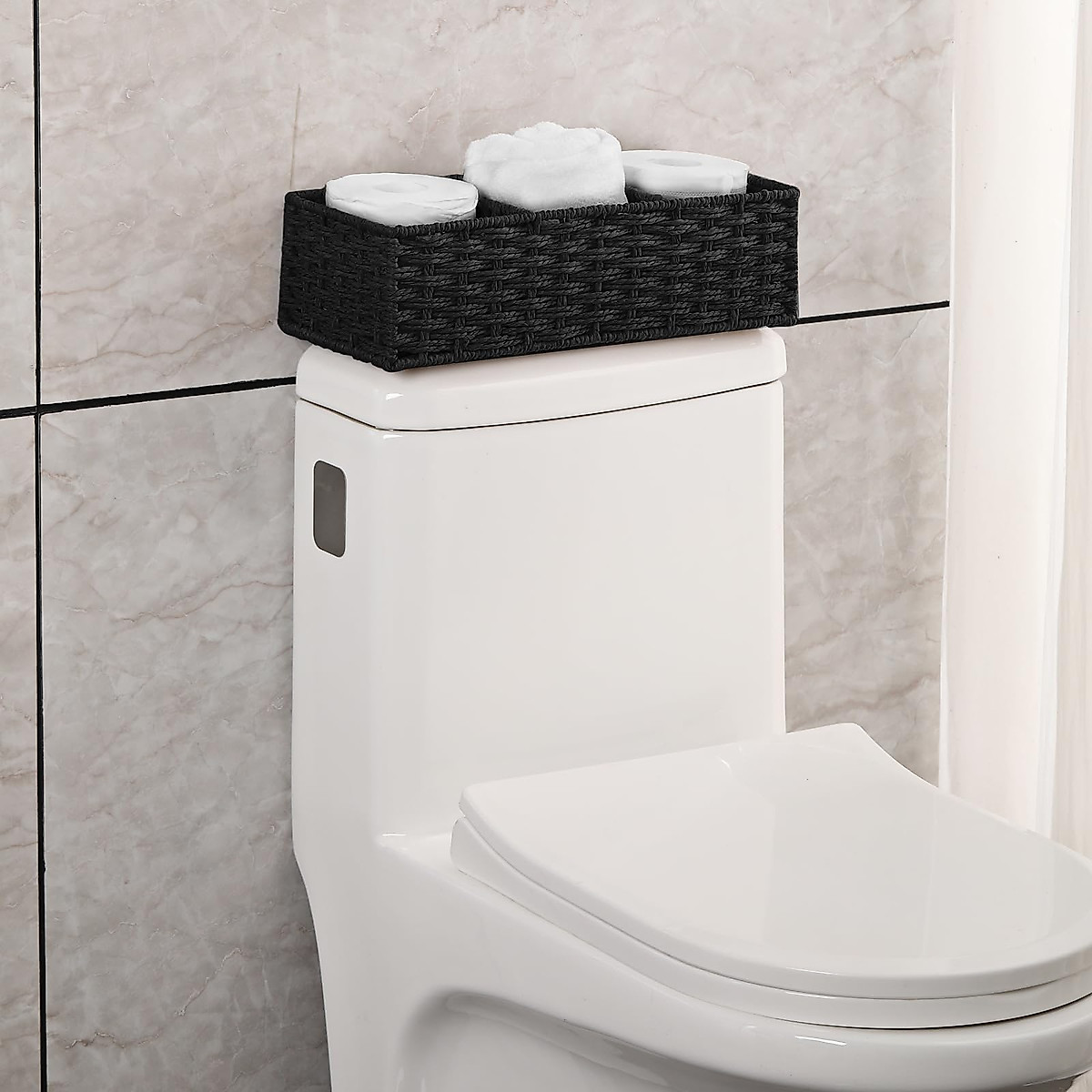Vagusicc 3-Section Wicker Storage Basket, Hand-Woven Paper Rope Wicker Baskets for Organizing, Toilet Tank Basket, Black Baskets for Bathroom, 2-Pack, Black