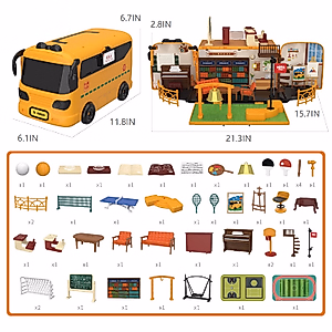 Kids Dollhouse Playset - Portable School Bus Doll House Toys with 46 Furniture Accessories and Critter Animal Doll, Toddler Pretend Play Educational Car Toys for Boys Girls Birthday Gift Ages 4 5 6
