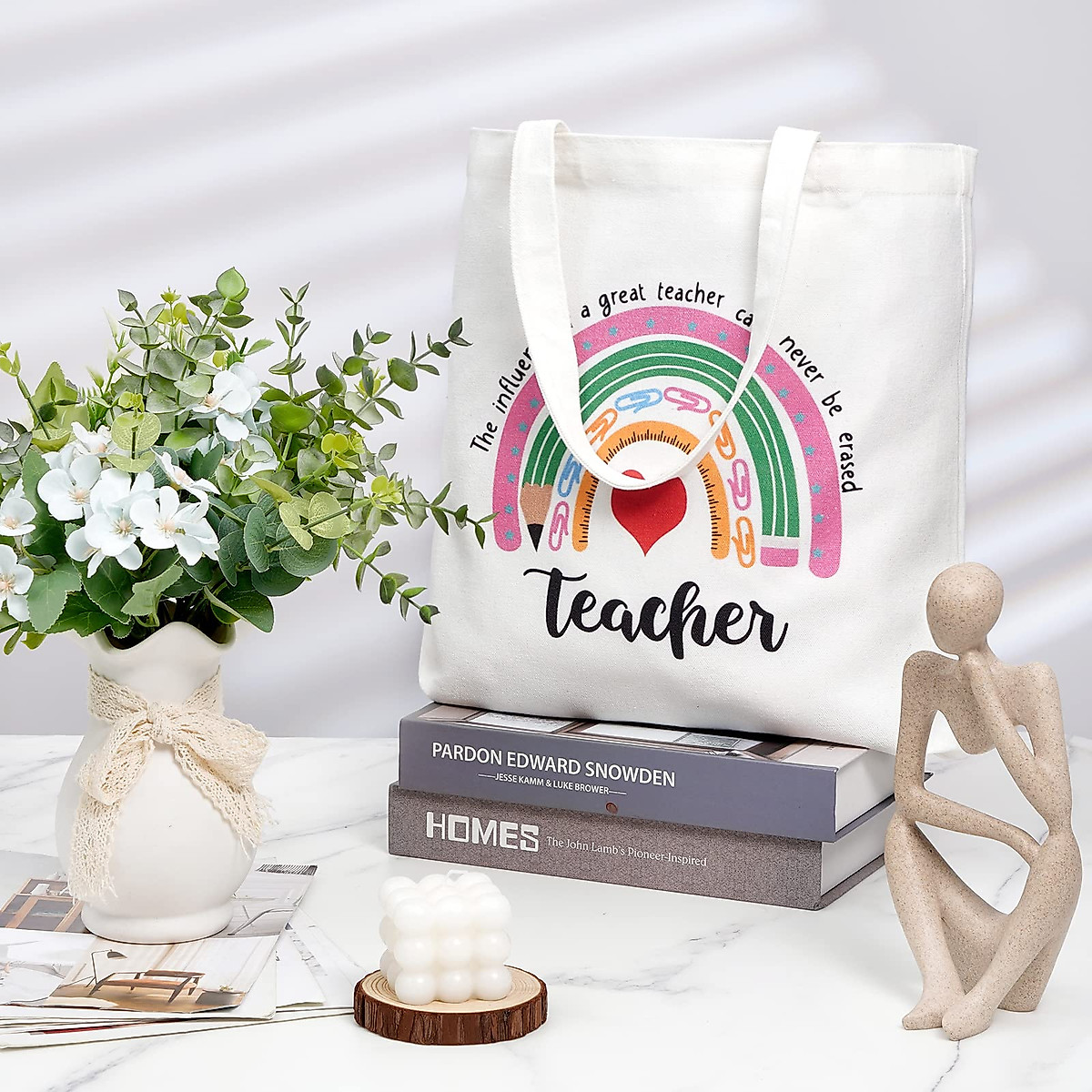 Homlouue Teacher Gifts for Women Teacher Appreciation Gifts Teacher Tote Bag Canvas Teacher Bag Rainbow Bag for Teacher Graduation Birthday Thanksgiving Christmas