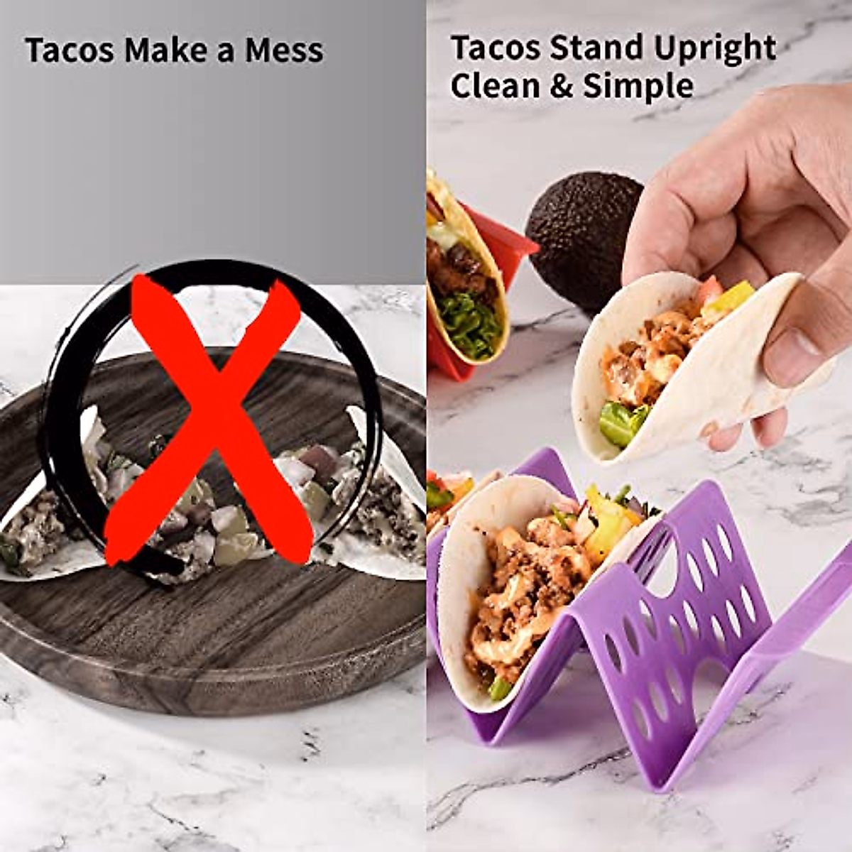 Premium Large Taco Holder Stand, Colorful Taco Holders Set of 6 or 4, Taco Stands for 3 Tacos, Soft or Hard Taco Shell Holder, Street Taco Rack, Taco Tray Plates, BPA Free, Dishwasher&Microwave Safe