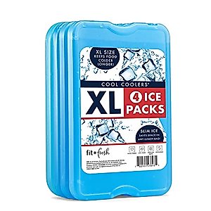 Cool Coolers by Fit + Fresh Slim Compact Reusable XL Ice Pack, Perfect for Lunch Boxes, Coolers, and Beach Bags, Blue, 4 Pack