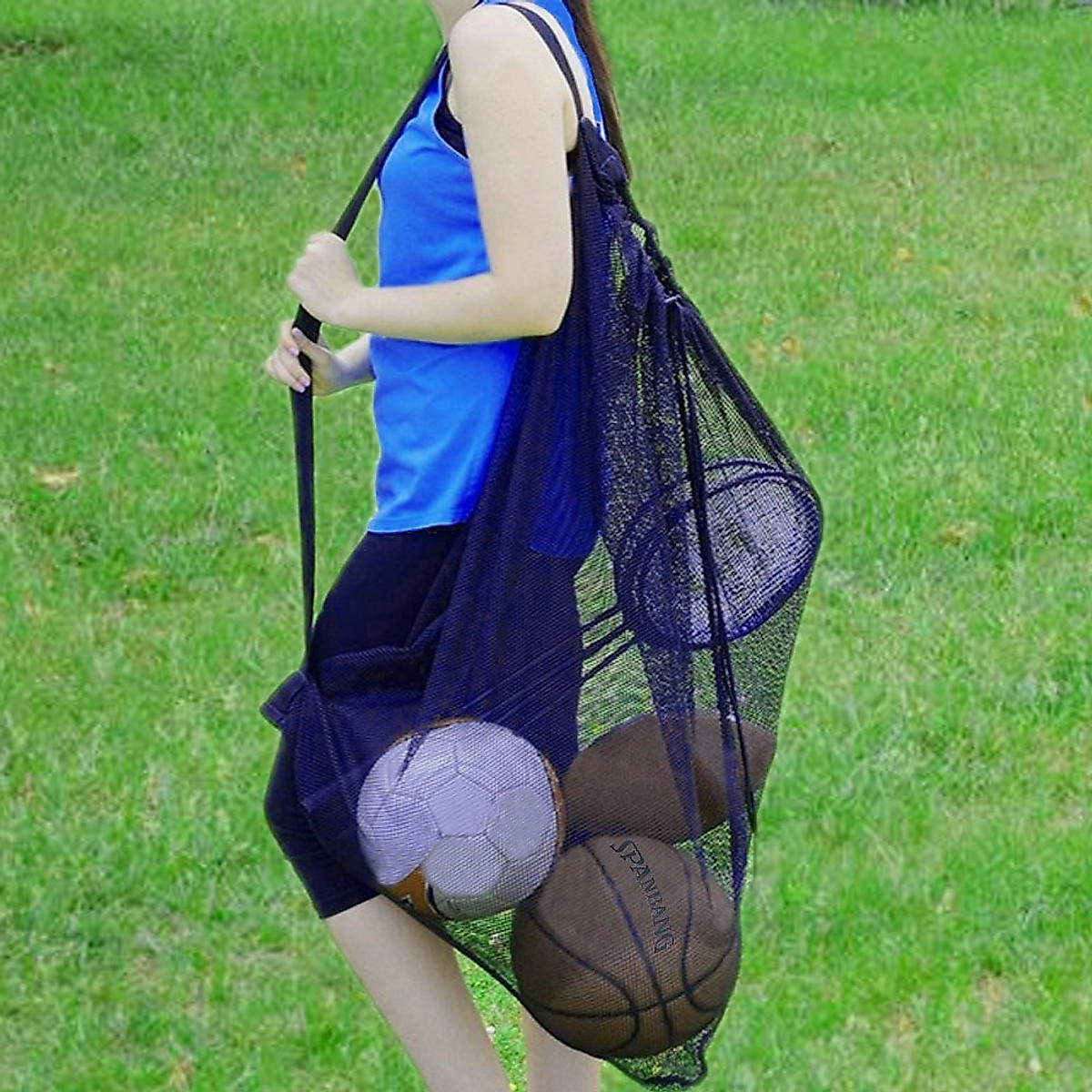 Rudmox Heavy Duty Mesh Ball Bag, Drawstring Sport Equipment Storage Bag for Basketball, Soccer, Sports Beach and Swimming Gears with Adjustable Shoulder Strap Outdoor Organizer (Black-XL)